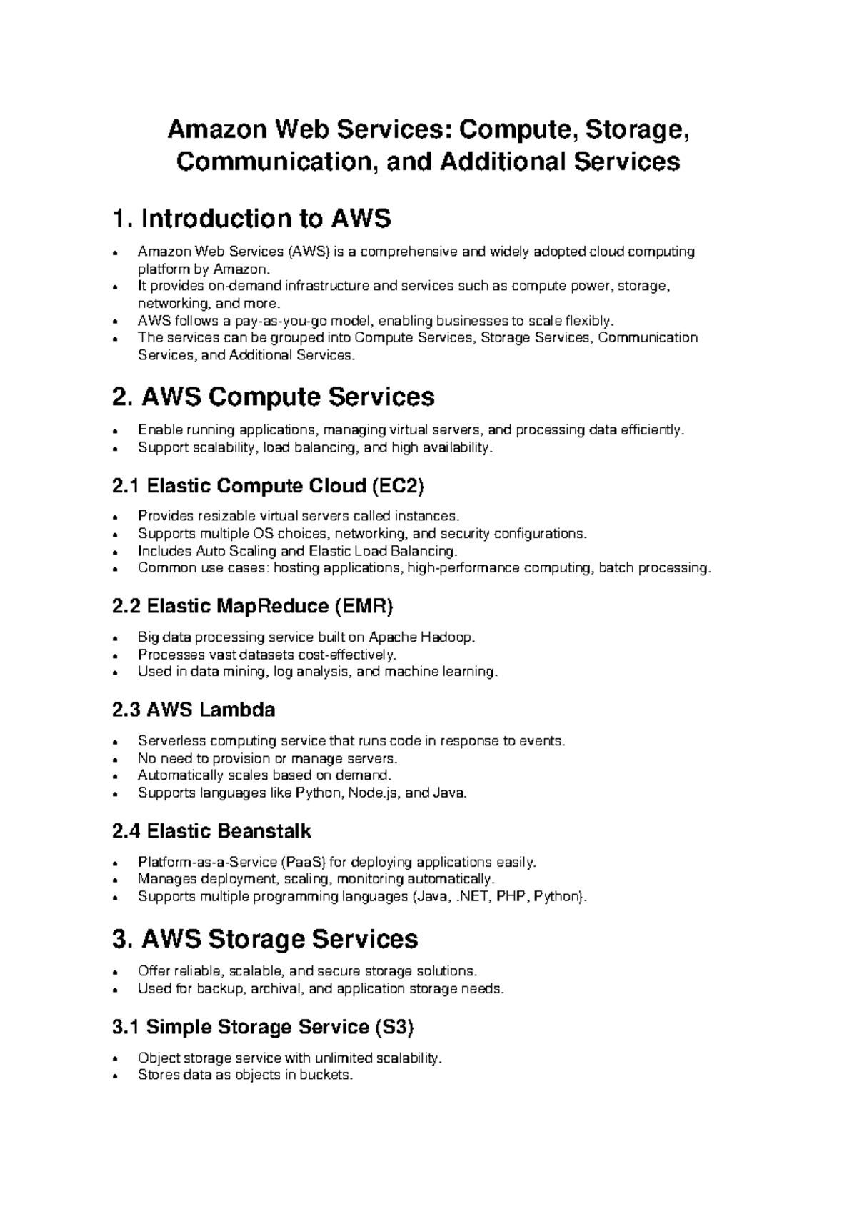 AWS Services Overview: Compute, Storage, Communication & More - Studocu