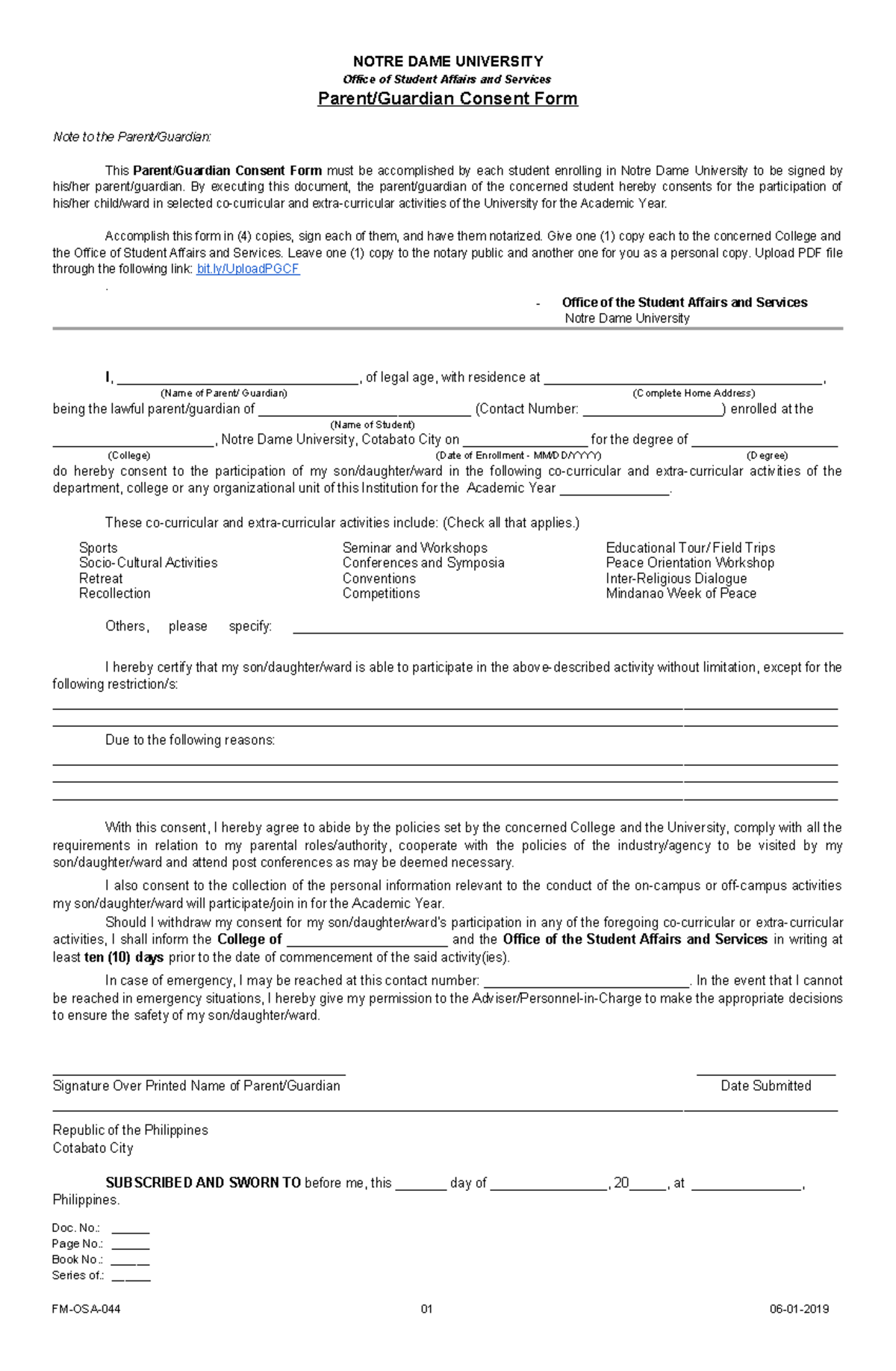 Parent/Guardian Consent Form Template for Notre Dame University - Studocu