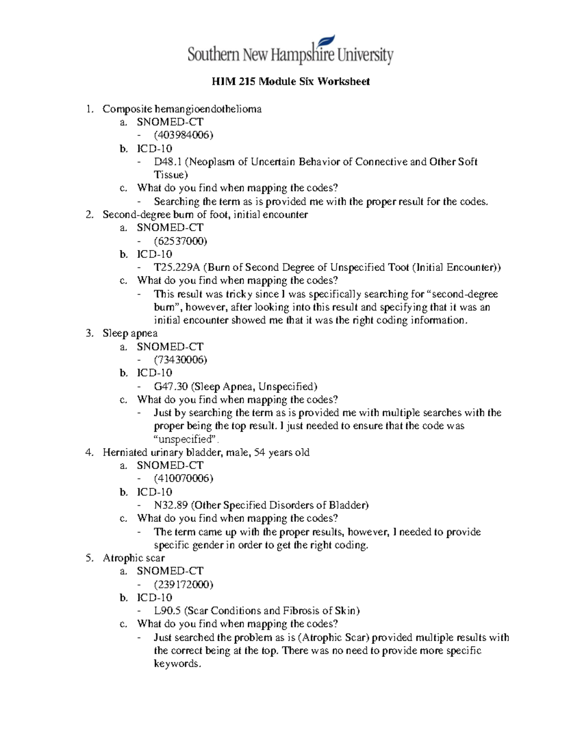 HIM 215 Module Six Coding Worksheet & SNOMED-ICD Mapping Guide - Studocu