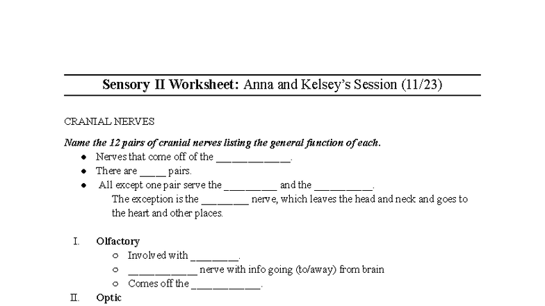 Sensory II & Cranial Nerves Worksheet (4 4) - Studocu