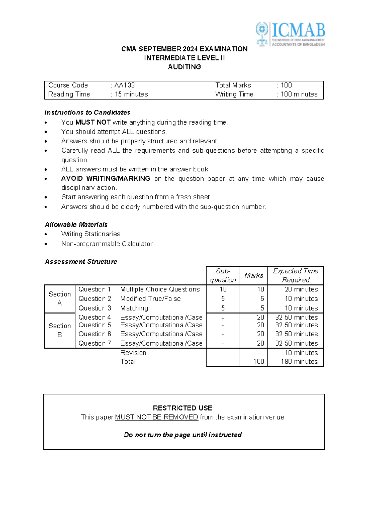 CMA September 2024 Exam: Intermediate Level II Auditing (AA133) - Studocu