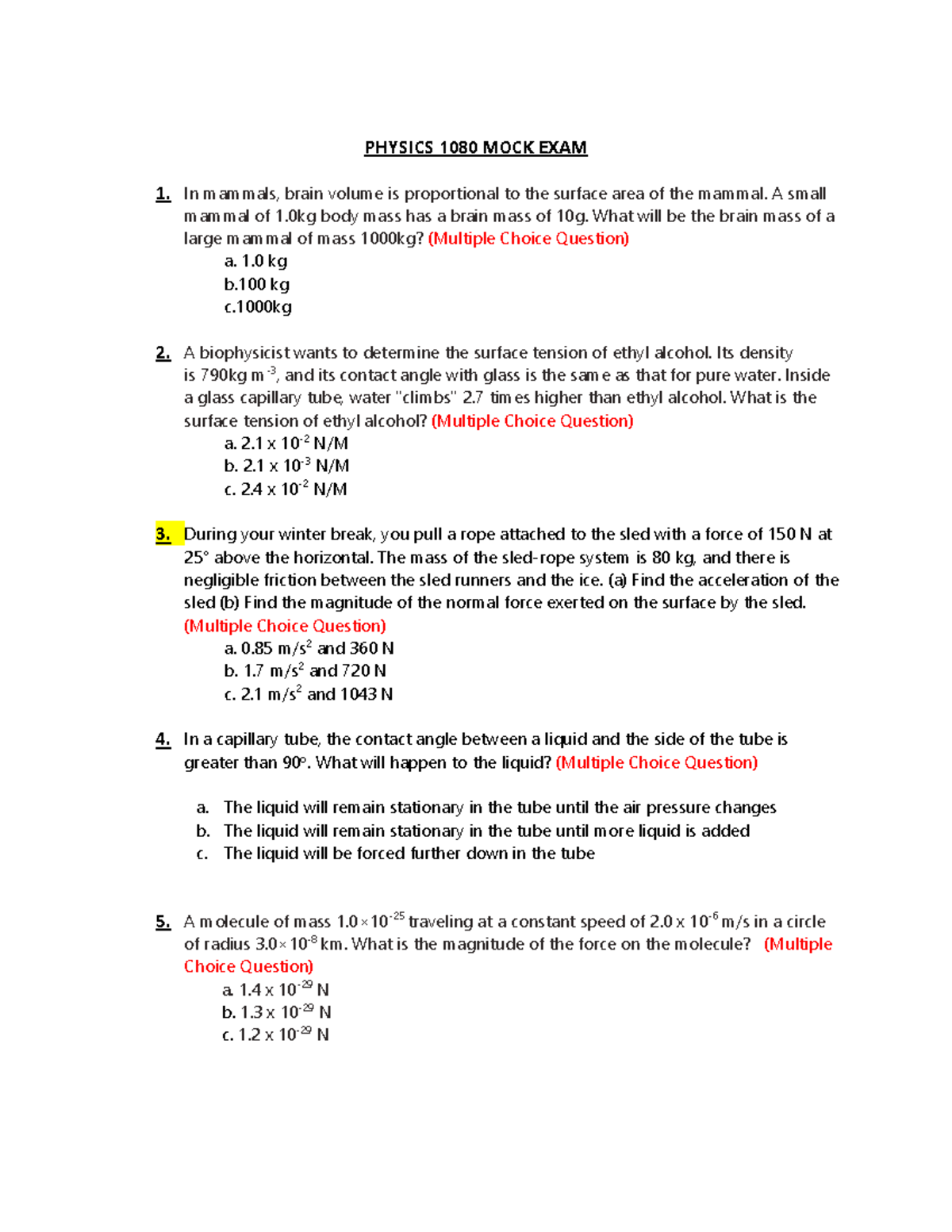 PHYS 1080 Mock Final Exam - Practice Questions and Solutions - Studocu