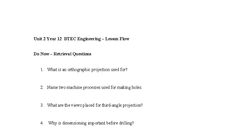 Unit 2 Year 12 BTEC Engineering Lesson Flow: Orthographic Projections ...