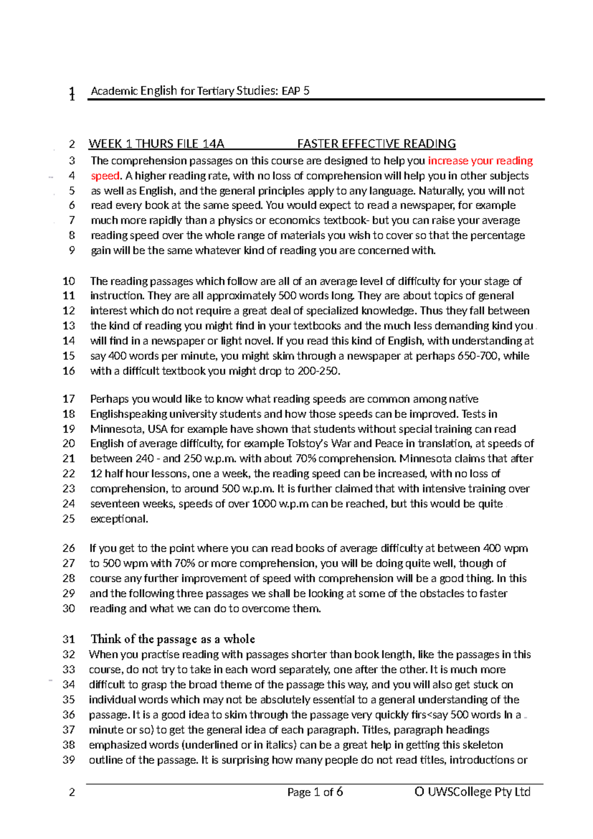 Academic English for Tertiary Studies: EAP 5 - WEEK 1 Reading Speed ...