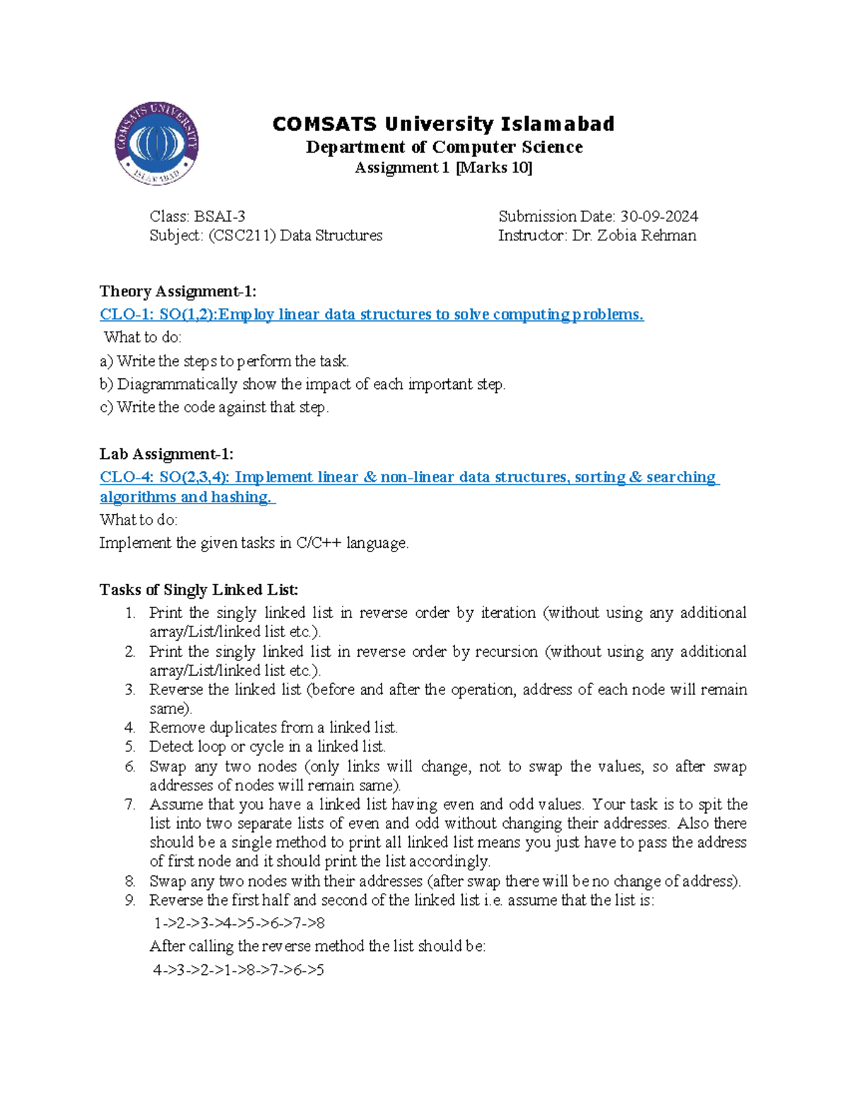 Assignment 1: Data Structures (CSC211) - BSAI-3 Tasks & Implementation ...