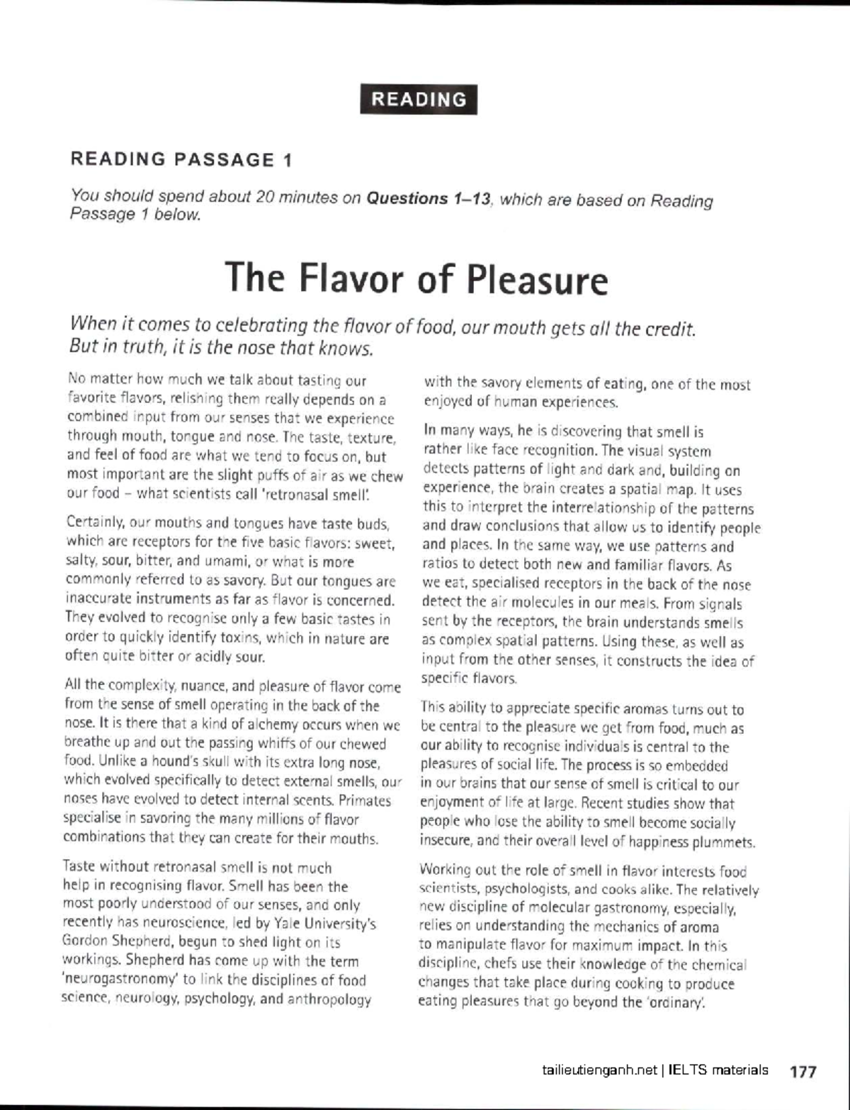 IELTS Reading Passage 1: The Role of Smell in Flavor Experience - Studocu