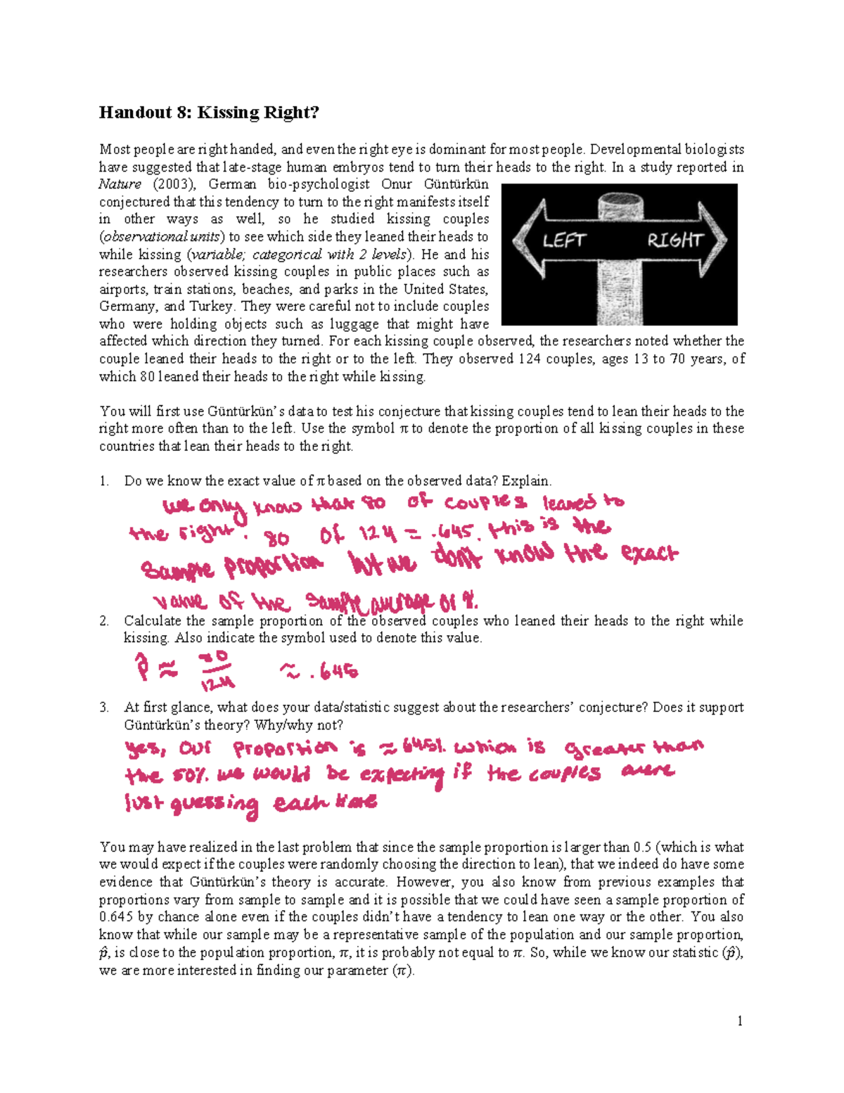 Kissing Right? Analysis - Stats 218 Handout 8 Insights - Studocu