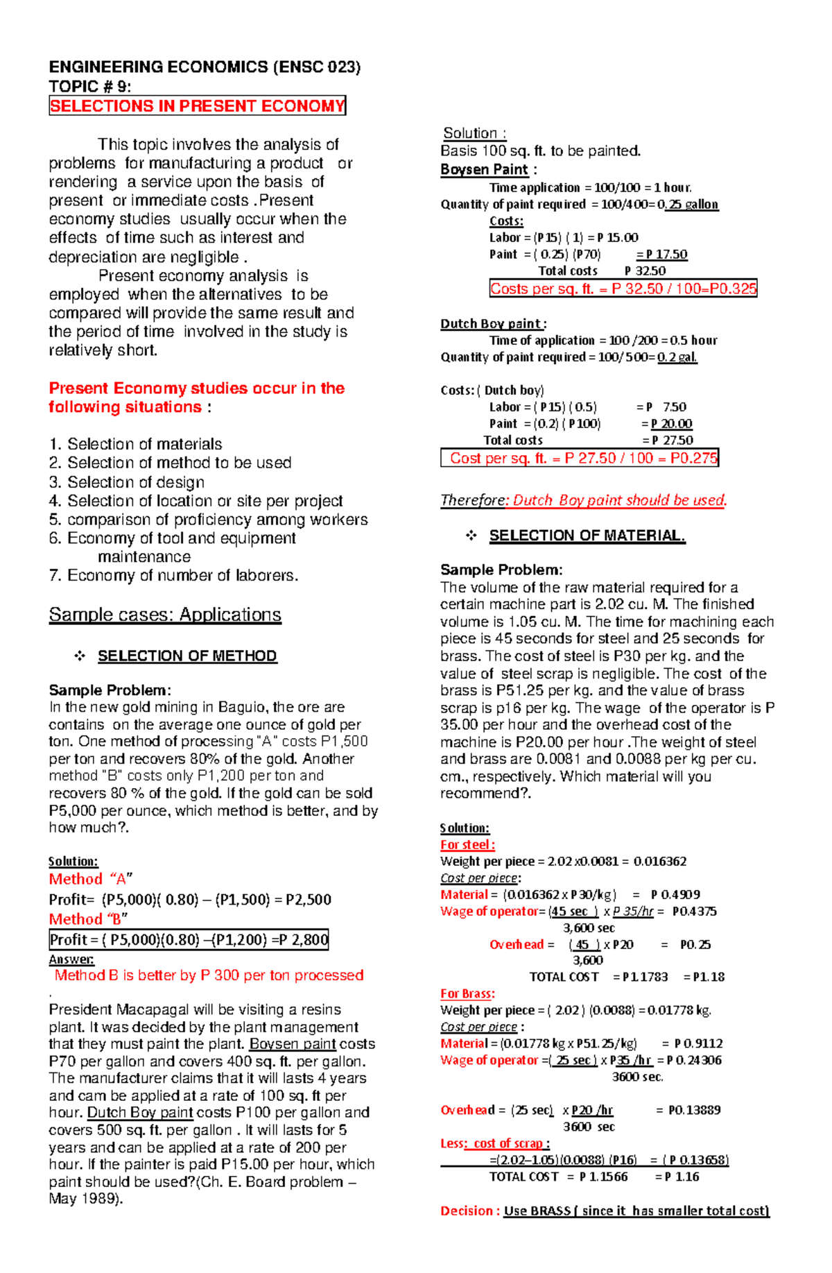 Lecture 9: Selections in Present Economy (ENSC 02 3) Analysis - Studocu