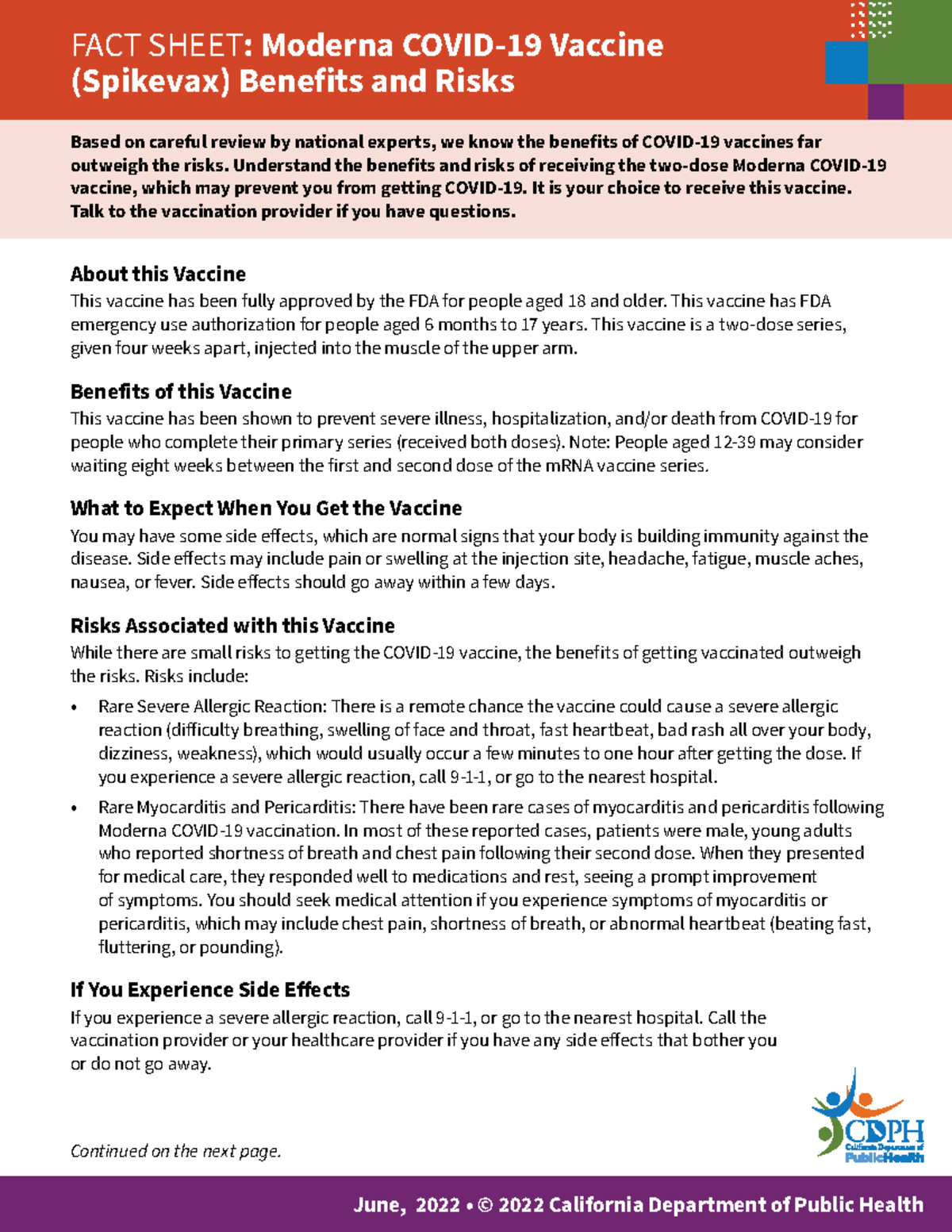 Moderna vaccine (Spikevax) benefits and risks fact sheet - Studocu