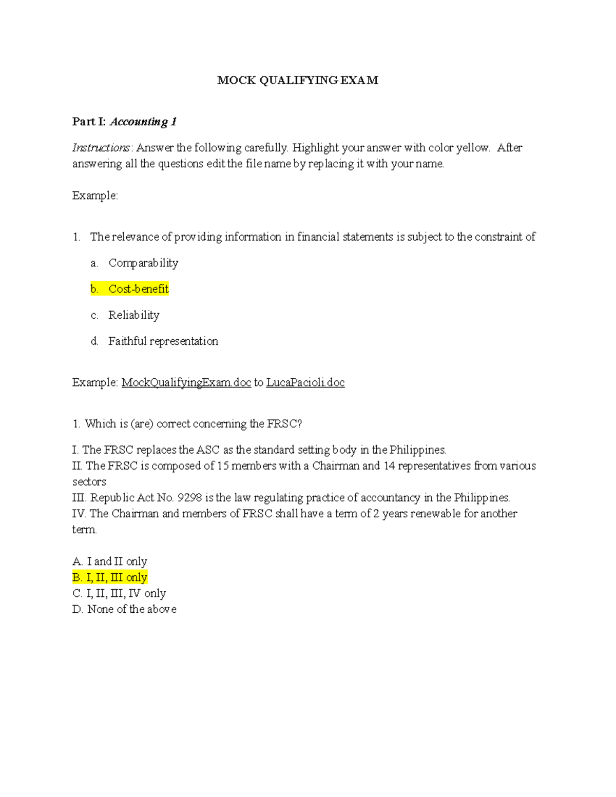 Mock Qualifying Exam 2 for Accounting 1 - May 2021 Practice Questions ...