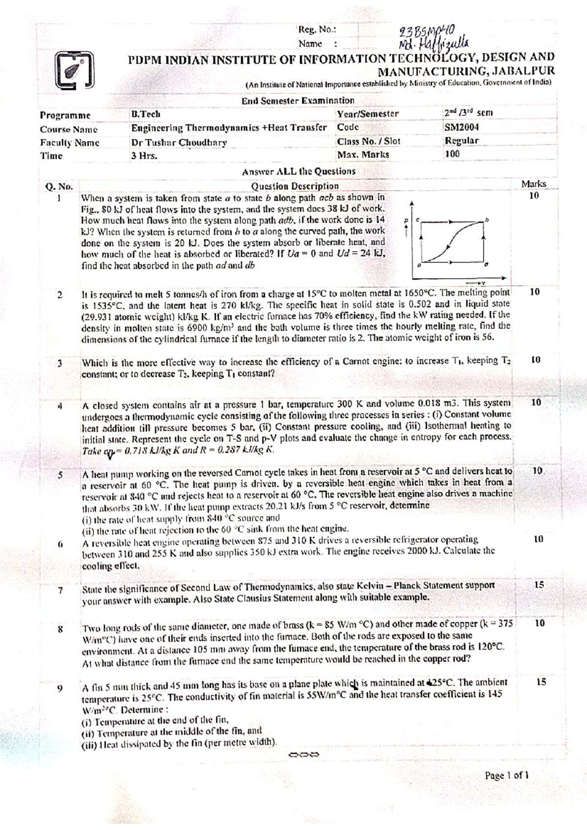 SM2004 - B.Tech Engineering Thermodynamics End Sem Exam Paper 2023-27 ...