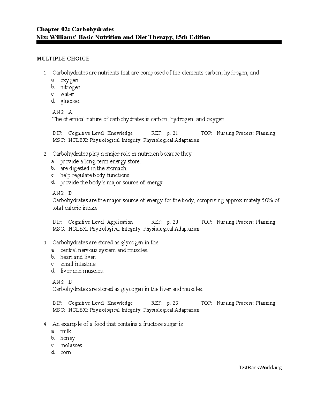 Nutrition Test Bank: Chapter 2 - Carbohydrates Notes - Studocu