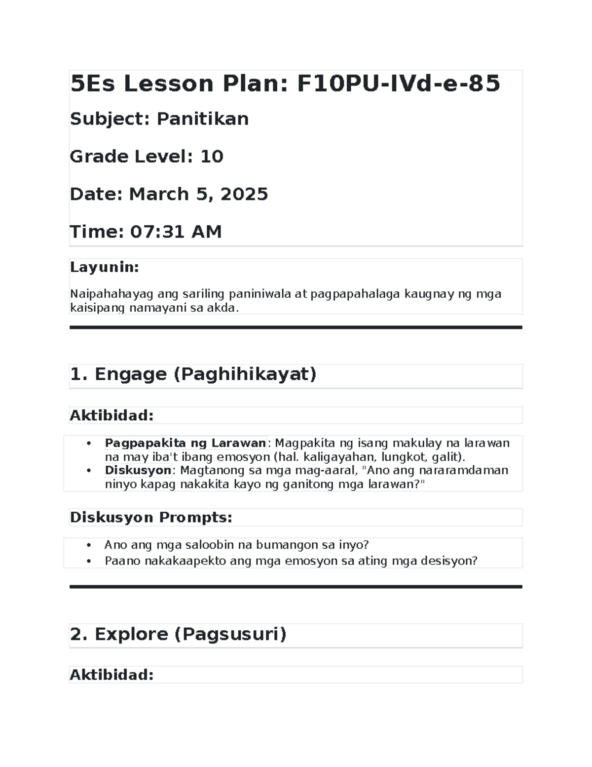 5Es Lesson Plan for Grade 10 Panitikan-F10PU-IVd-e- - Studocu