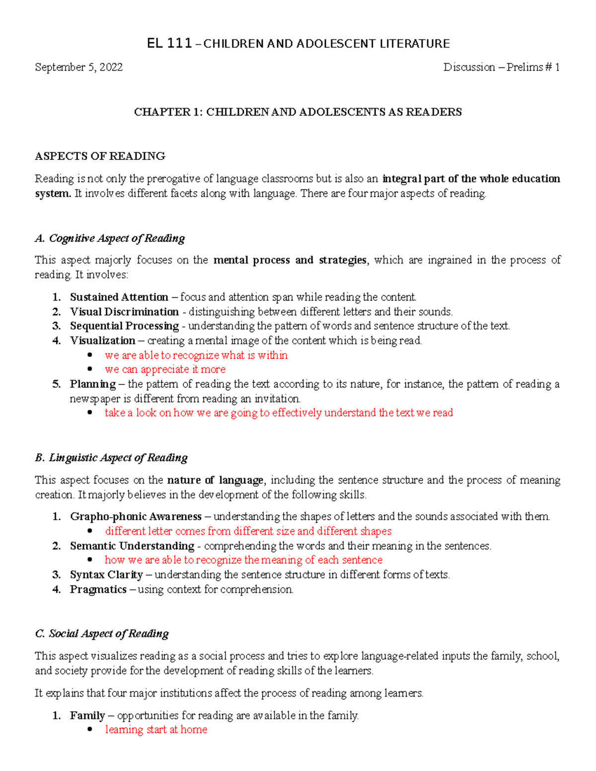 1 EL 111 - Children and Adolescent as Readers - EL 111 – CHILDREN AND ...