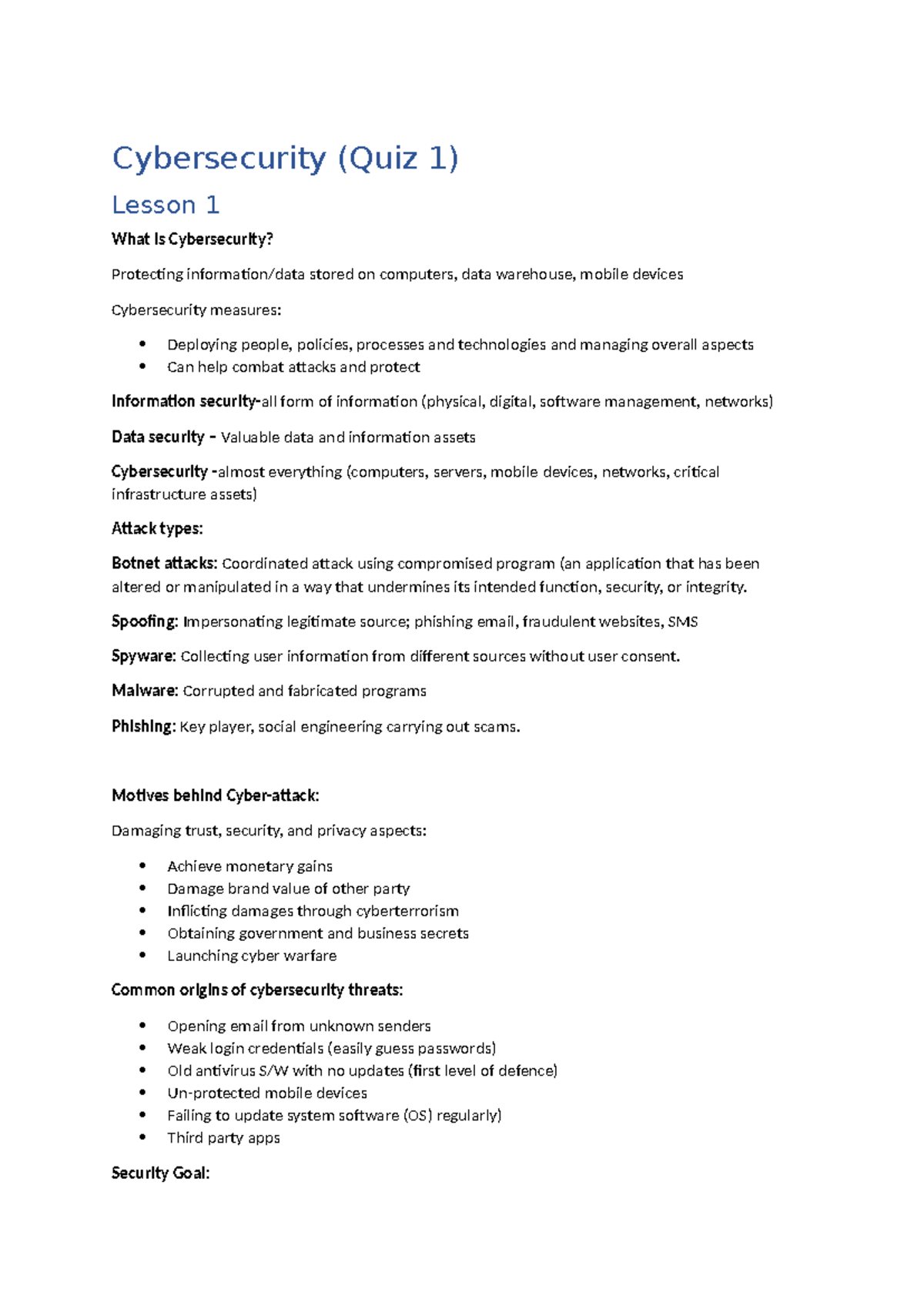 Cybersecurity - Quiz 1 Notes - Cybersecurity (Quiz 1) Lesson 1 What is ...