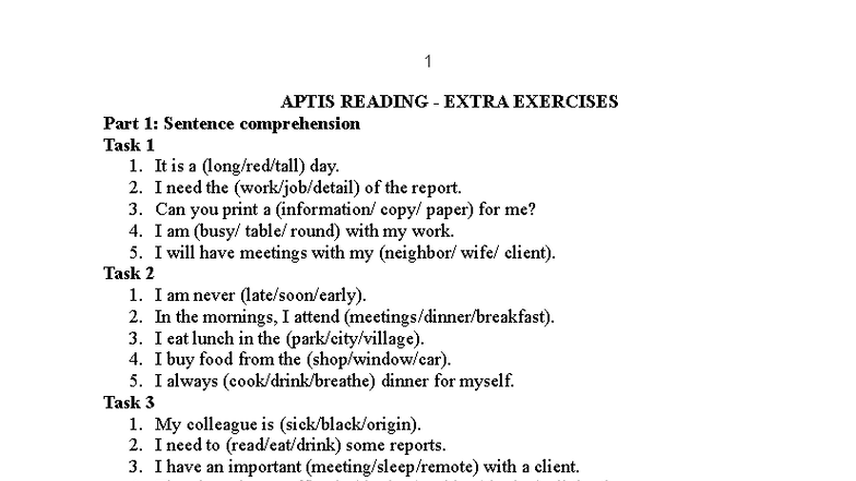 APTIS READING EXTRA EXERCISES: Sentence Comprehension Tasks - Studocu