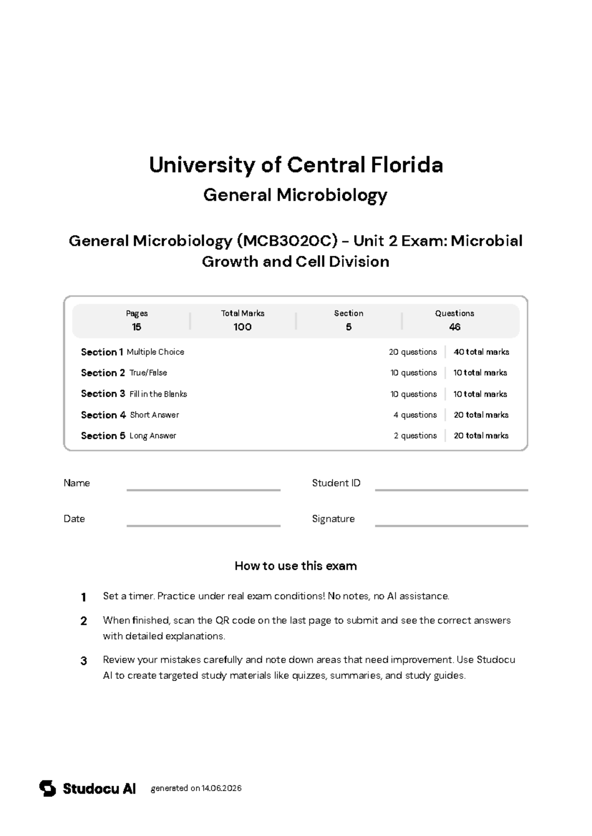 MCB3020C - Unit 2 Exam: Microbial Growth & Cell Division - Studocu
