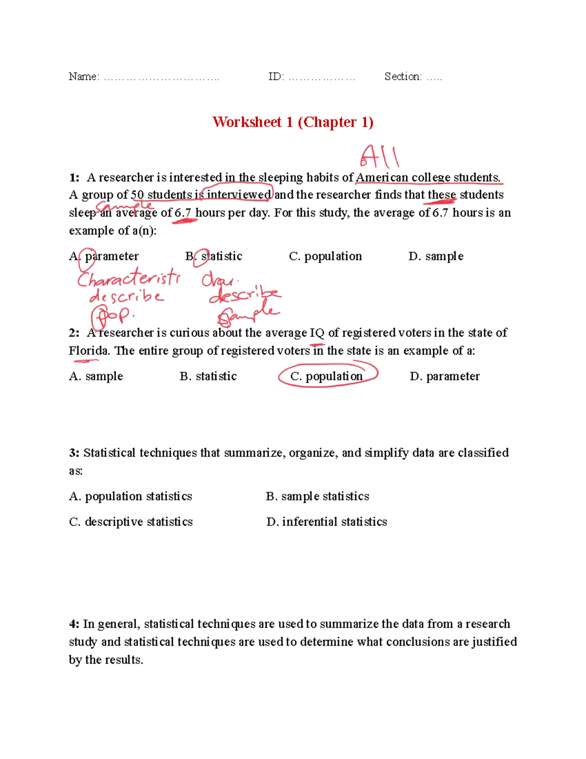 Ch1 Worksheet 1 - Statistics Concepts & Applications - Studocu