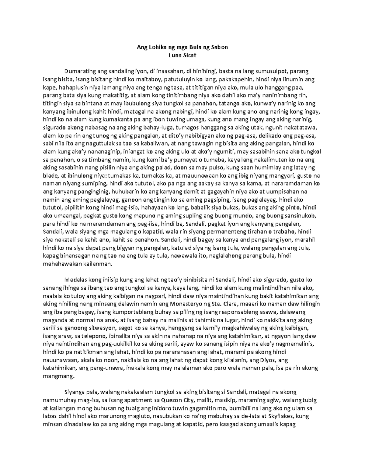 Ang Lohika ng mga Bula ng Sabon ni Luna Sicat: Isang Pagsusuri - Studocu