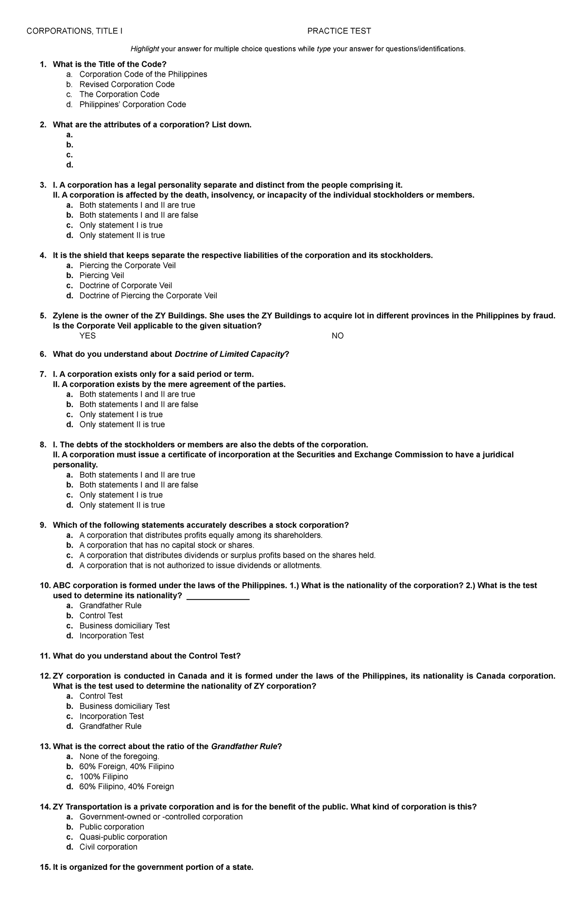 Practice Test - Corporations, Title I Review and Answers - Studocu