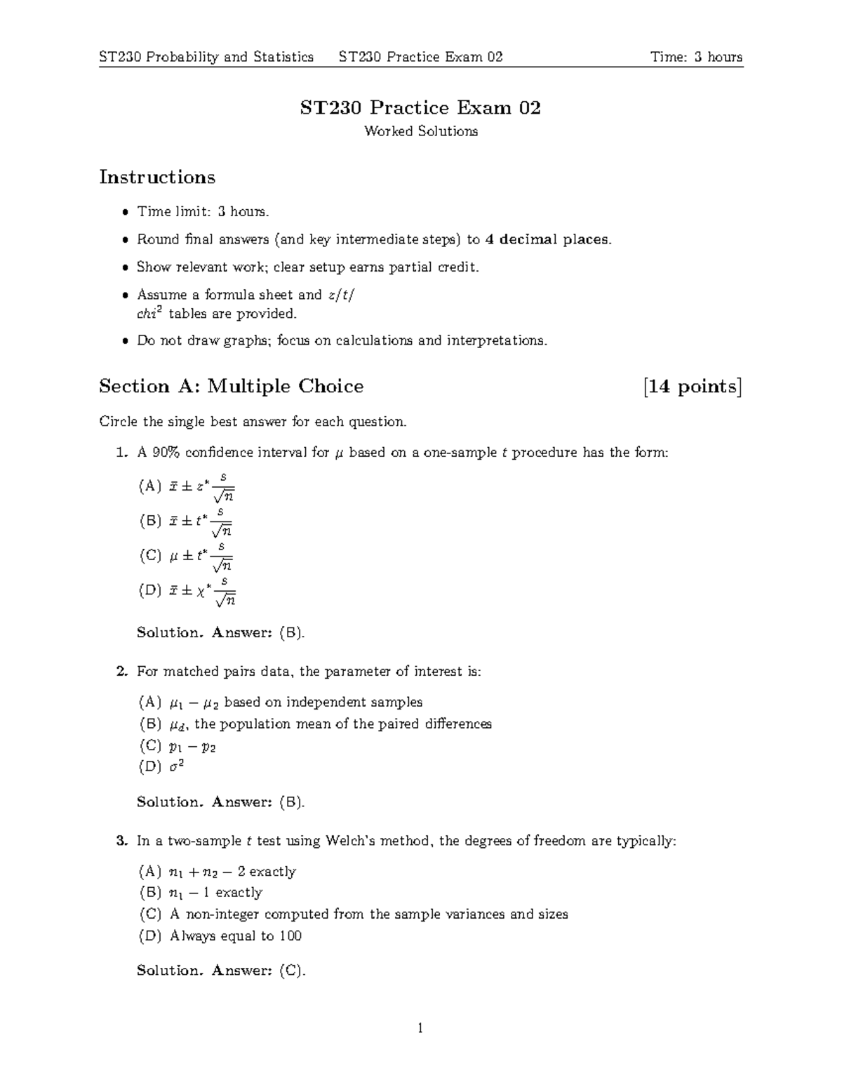ST230 Probability and Statistics Practice Exam 02 Solutions - Studocu