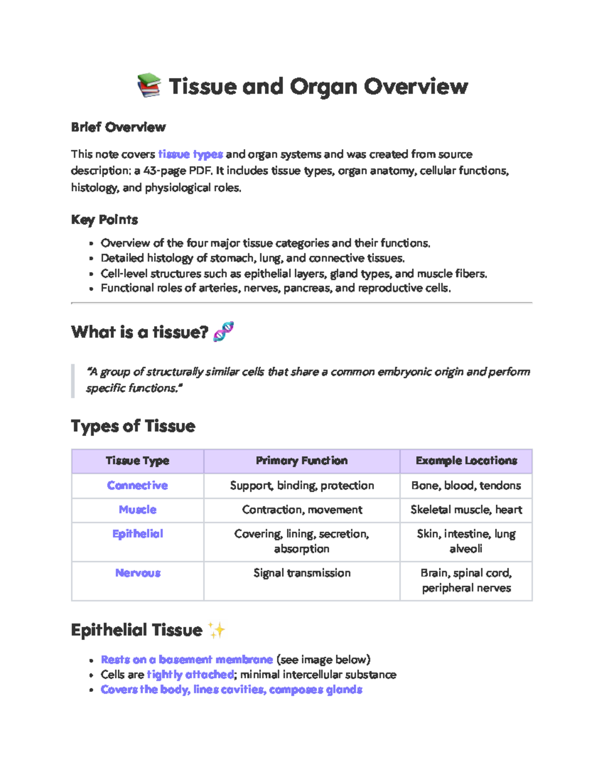 Tissue and Organ Systems Overview: Key Concepts and Functions - Studocu