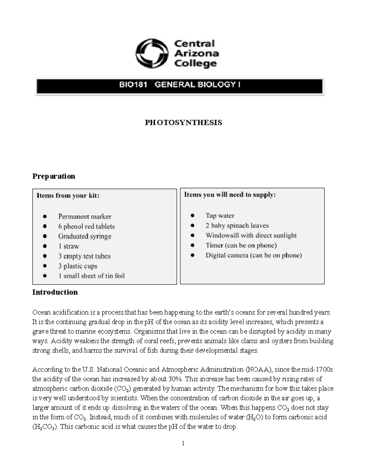 BIO 181 Photosynthesis Lab Activity - PHOTOSYNTHESIS Preparation ...
