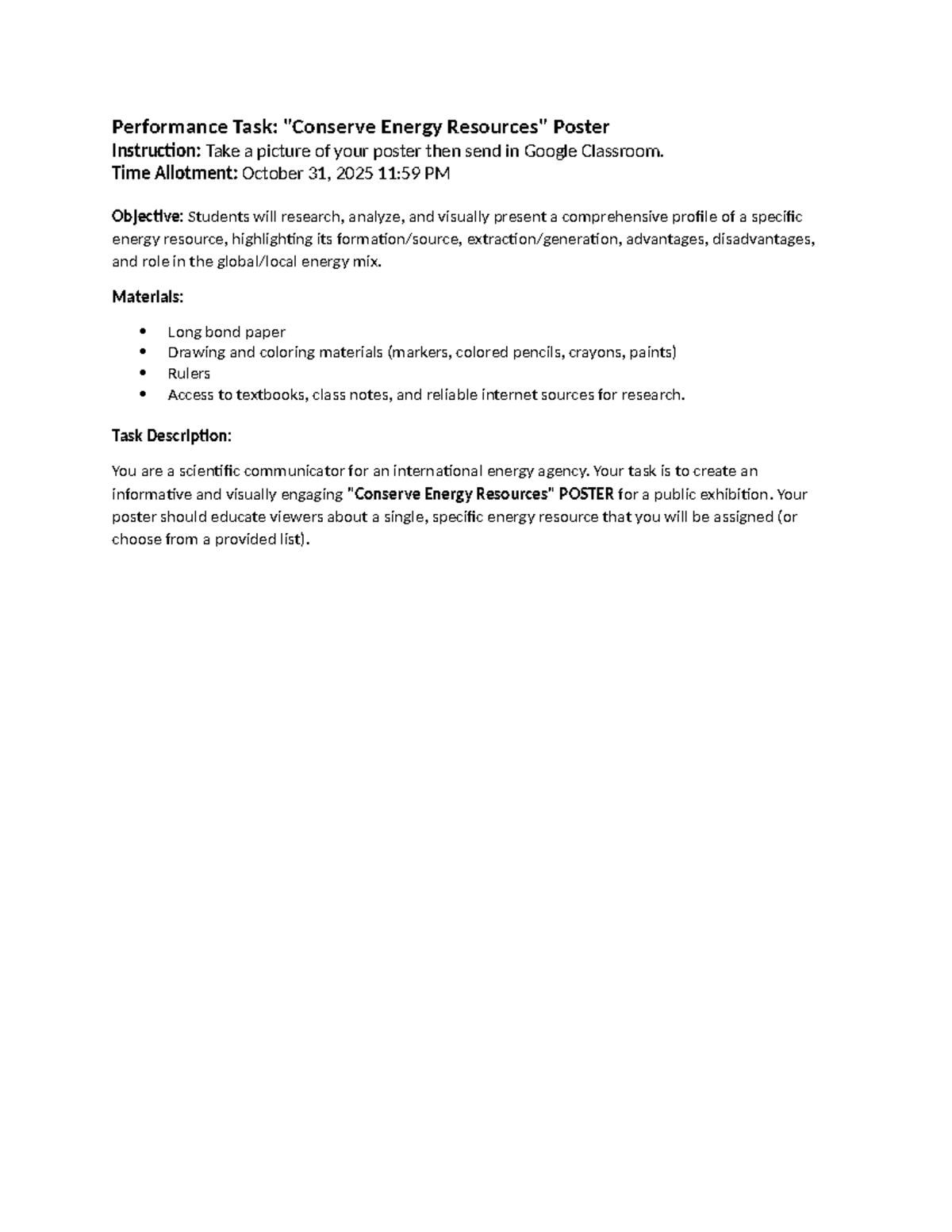 Performance Task: Energy Resources Poster Creation Instructions - Studocu