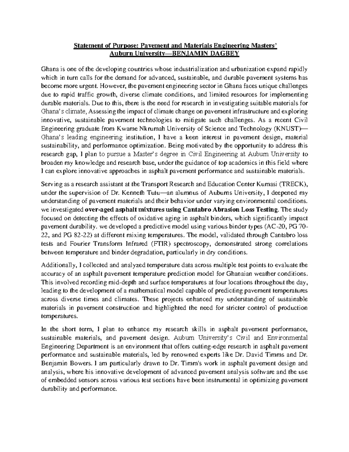 Statement of Purpose: Civil Engineering Graduate Program at Auburn ...