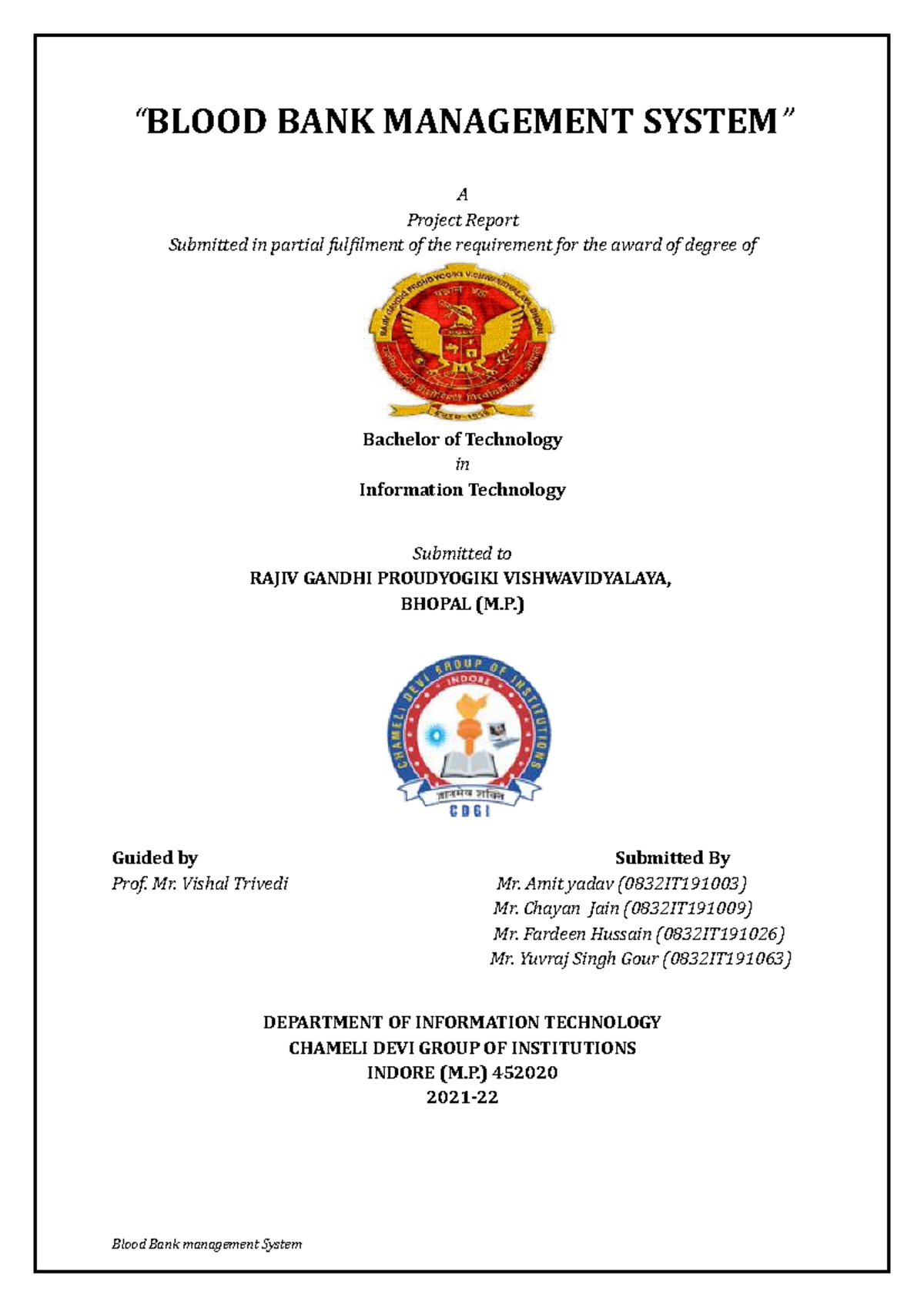 BLOOD BANK MANAGEMENT SYSTEM - Minor Project Report (B.Tech) - Studocu