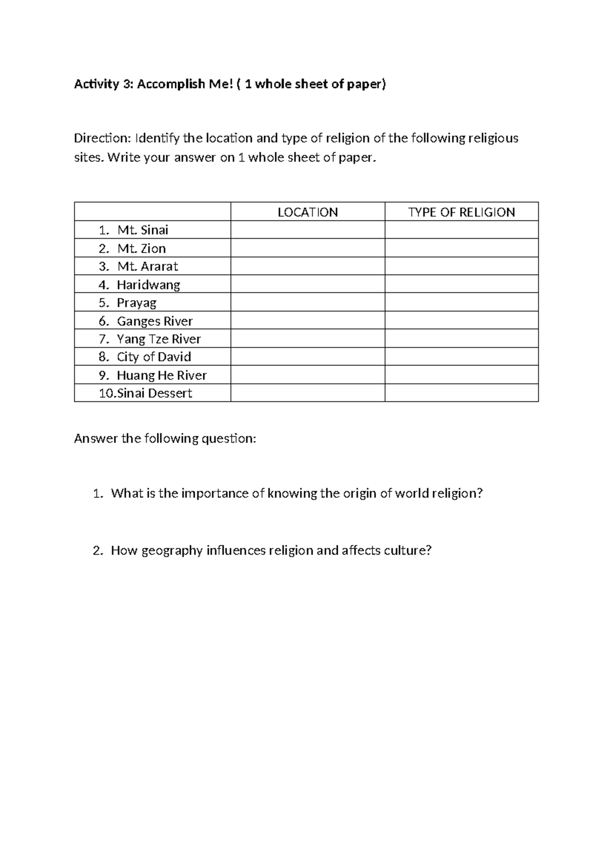 Activity Module 1-2: Exploring Major World Religions and Their Sites ...