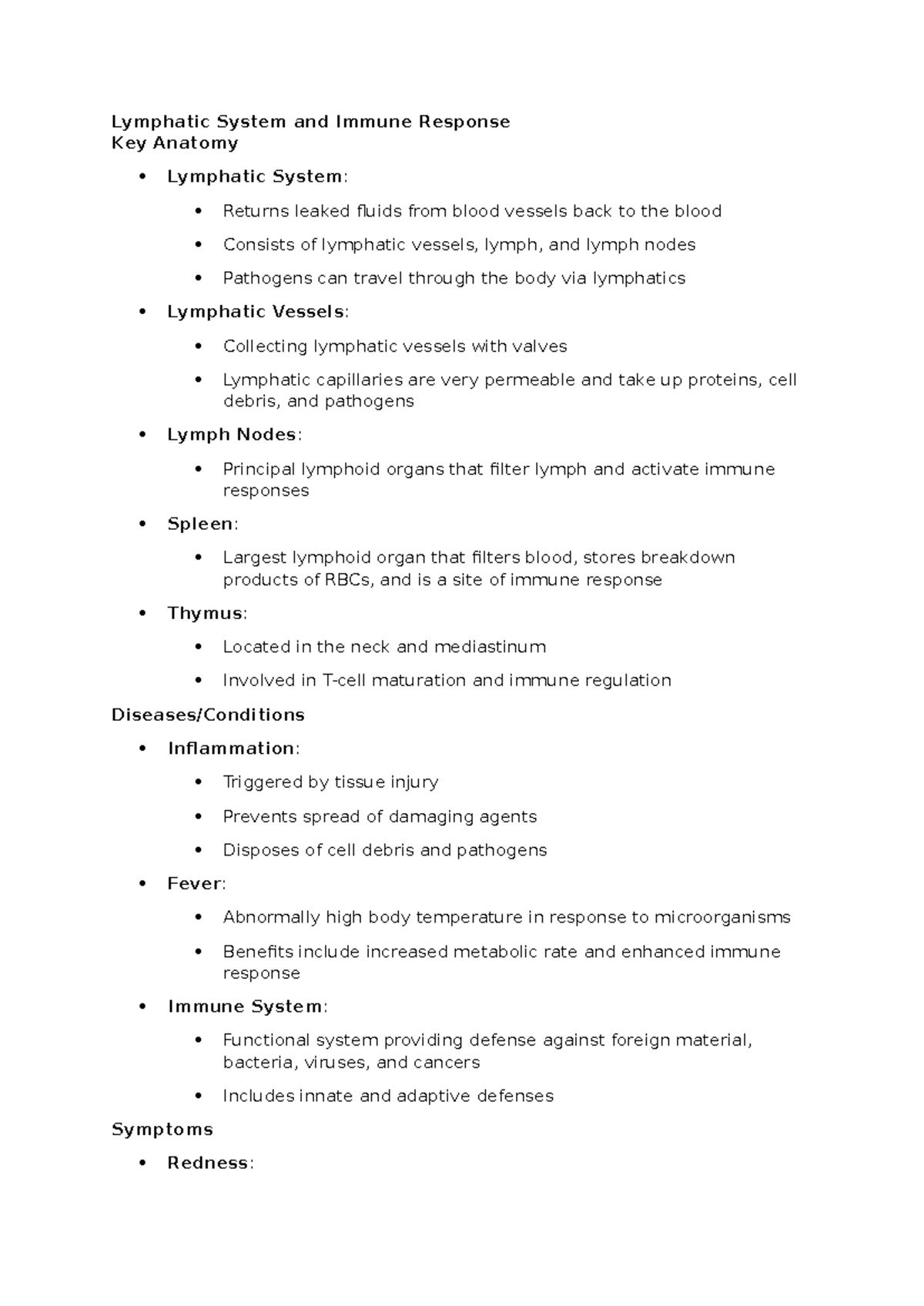 Lymphatic System and Immune Response notes - Lymphatic System and ...