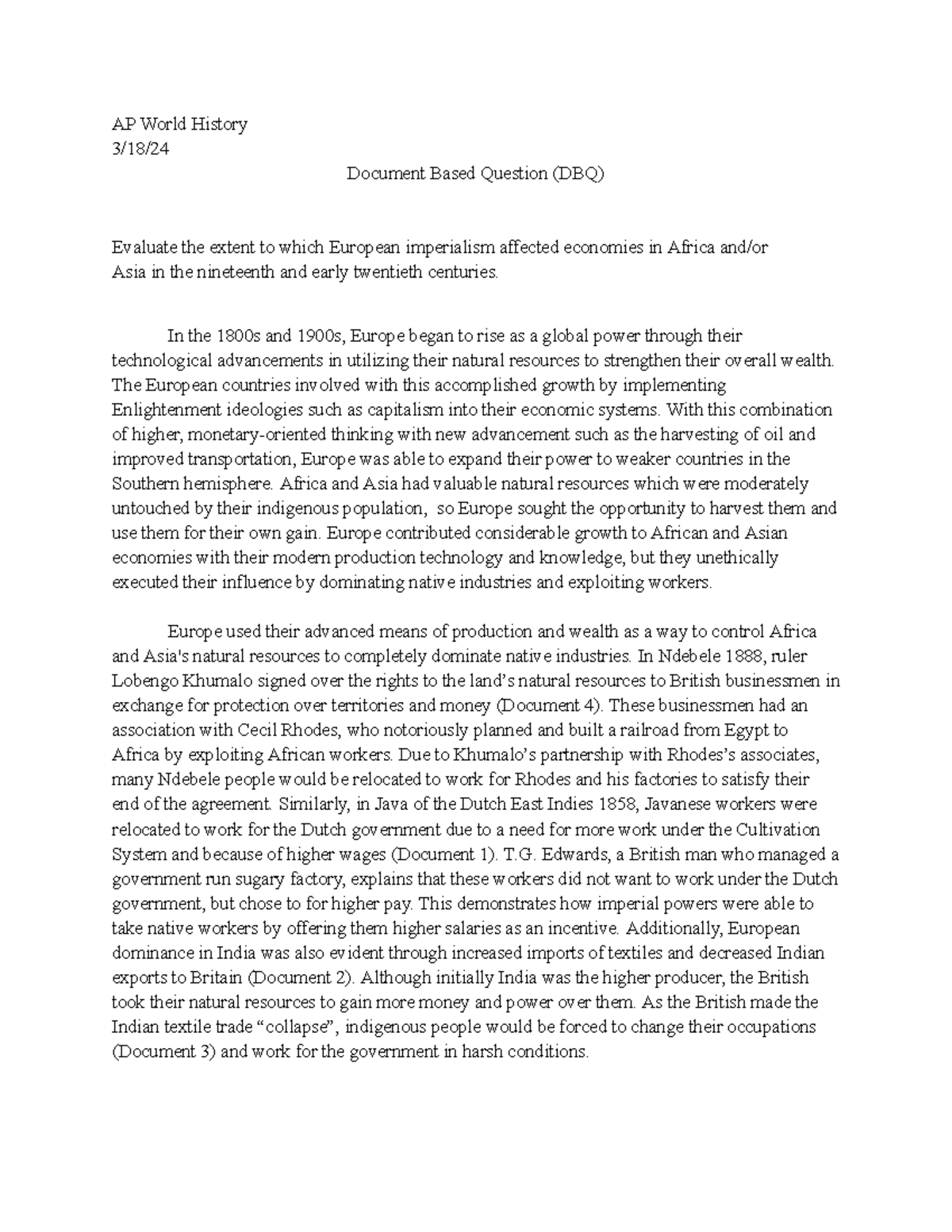 AP World History DBQ – Impact of European Imperialism 1800-1900 - Studocu