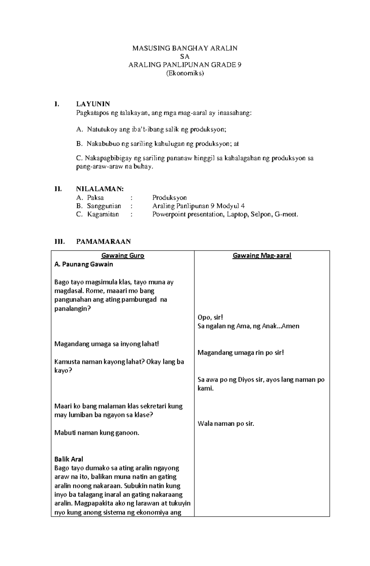 Banghay Aralin sa Ekonomiks: Produksyon (Araling Panlipunan 9) - Studocu