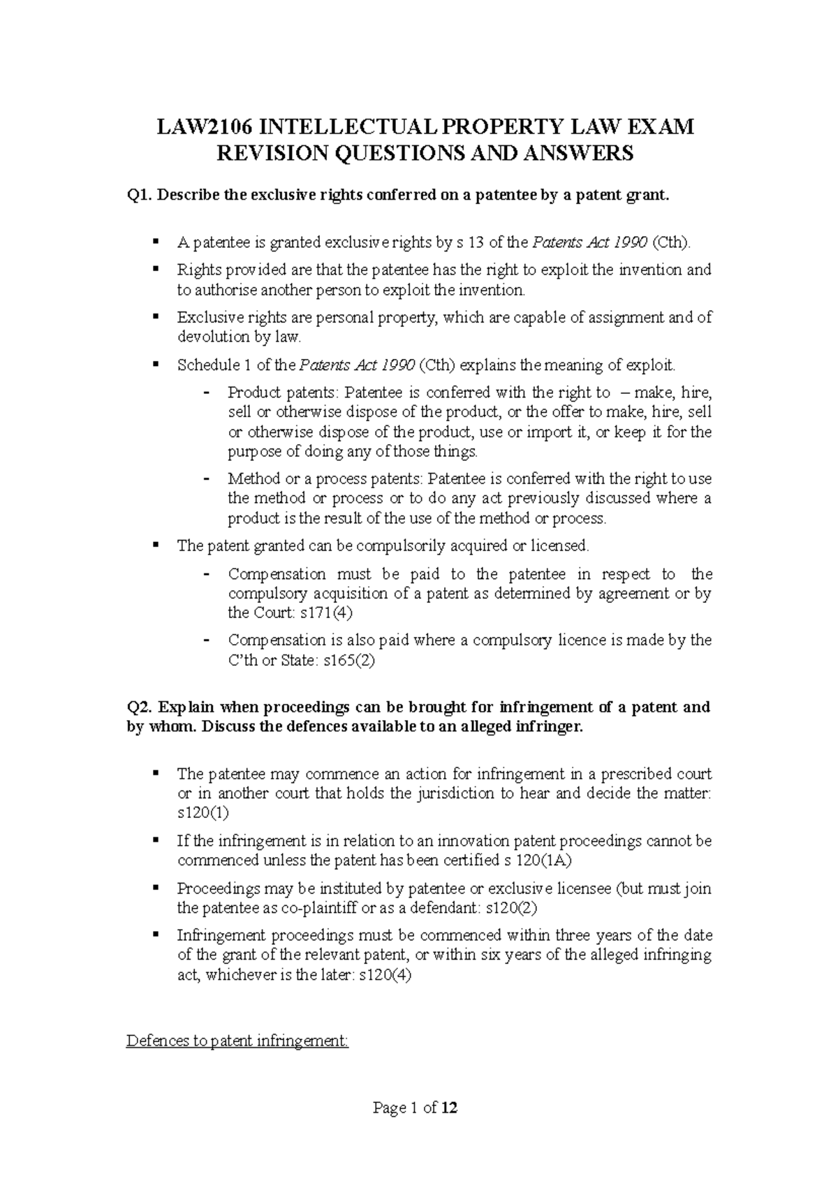 LAW2106 Intellectual Property LAW EXAM Revision Questions AND Answers ...