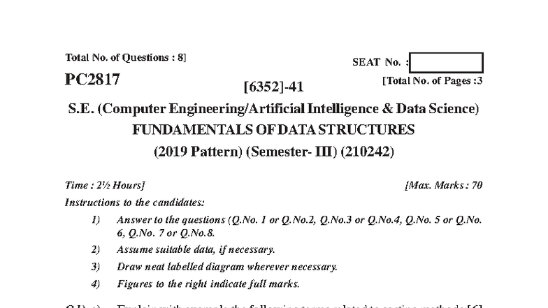 DS 2024 - Fundamentals of Data Structures Question Paper - Studocu