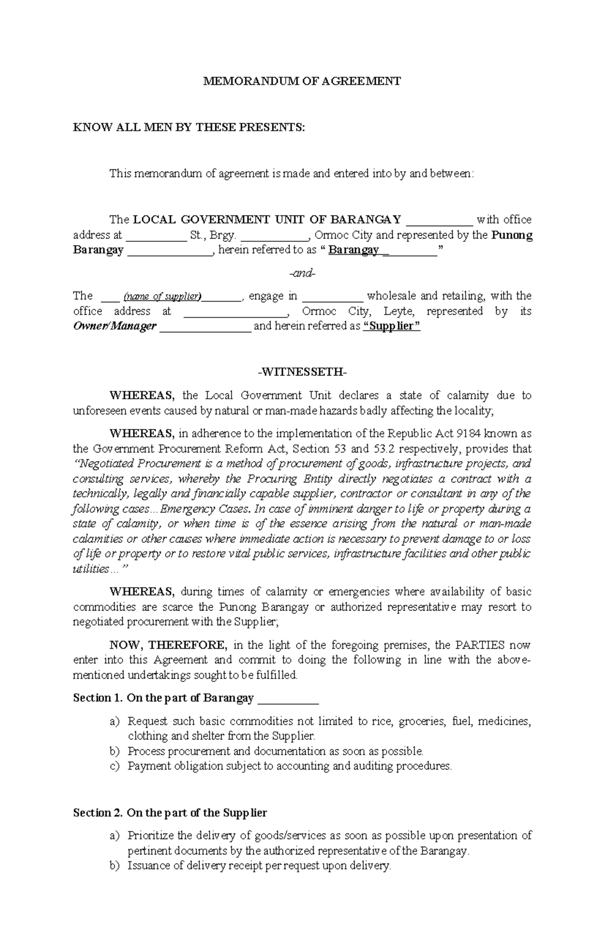 Barangay MOA Template with Supplier for Procurement Needs - Studocu