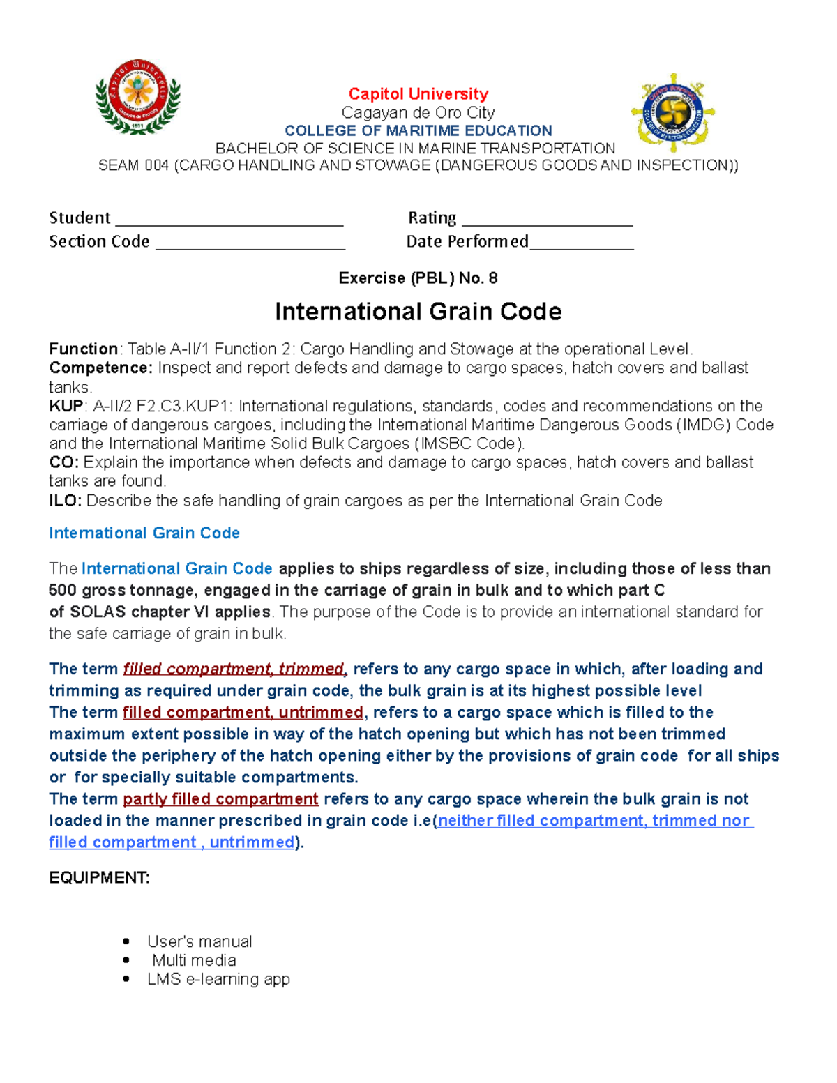 Practical Assessment 8: International Grain Code in Seam 004 - Studocu