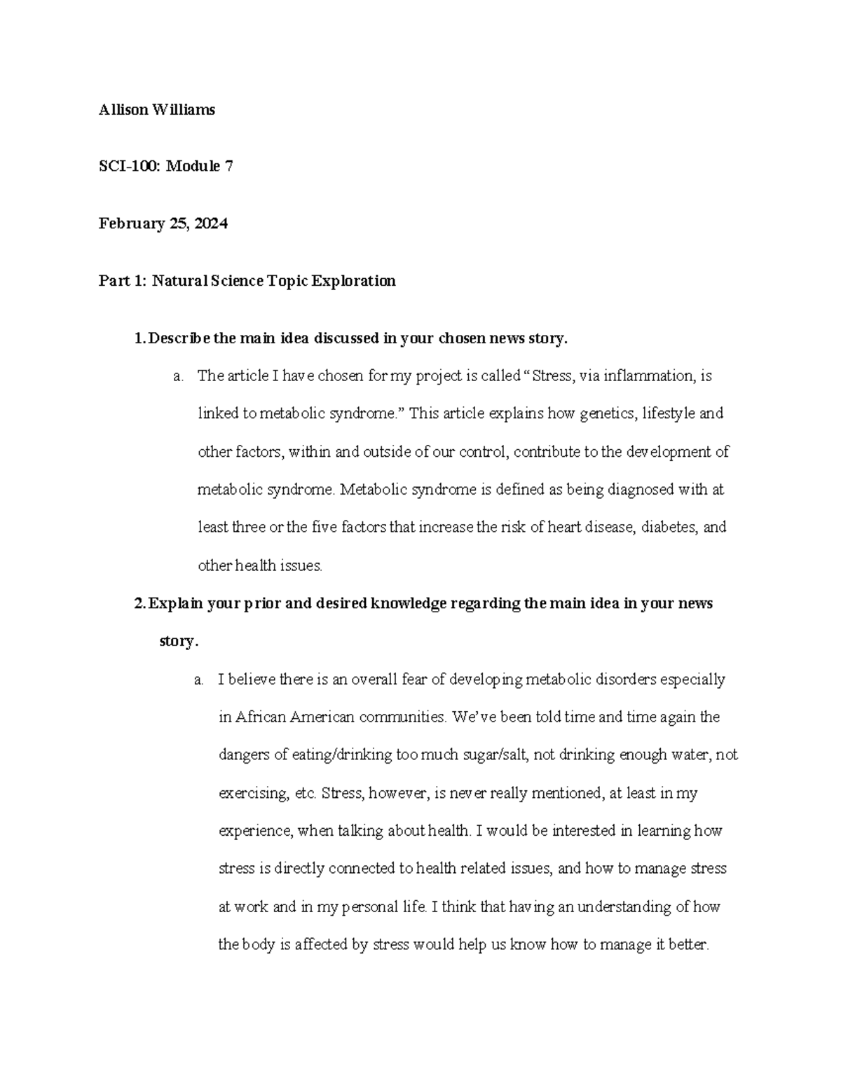 Module 7 Project - Allison Williams SCI-100: Module 7 February 25, 2024 ...