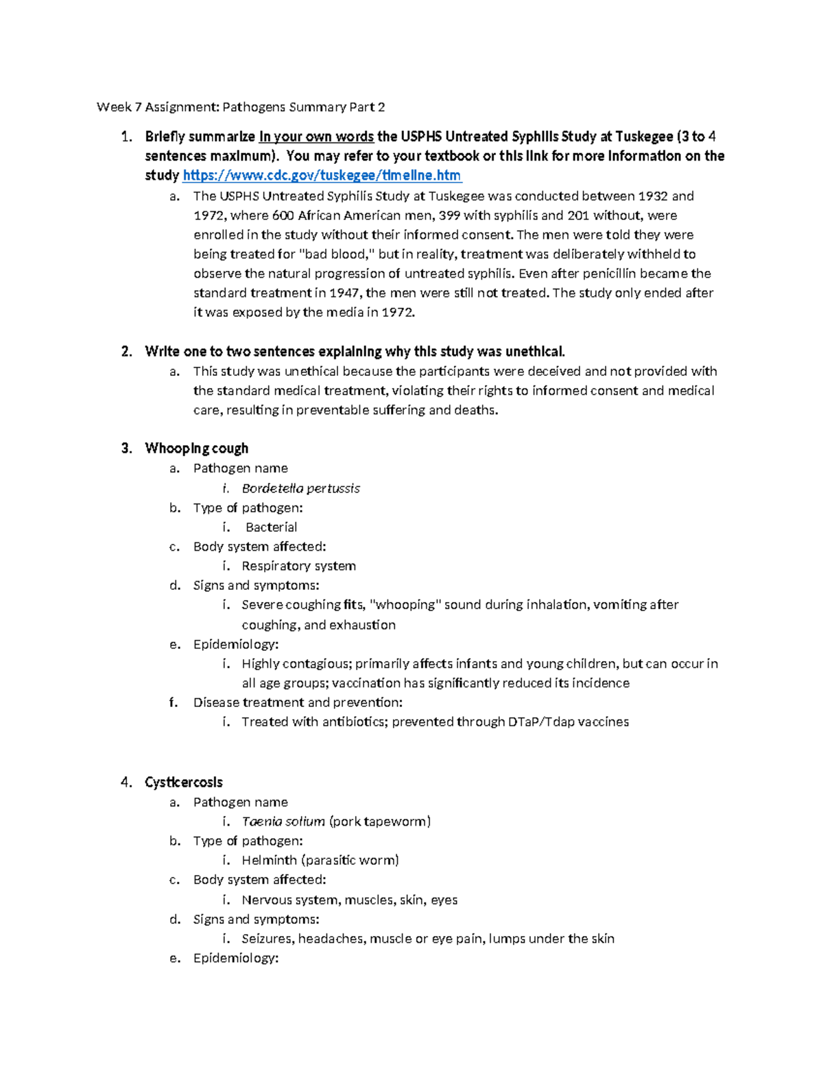 BIOS242 Week 7 Assignment: Summary of Pathogens and Ethics - Studocu