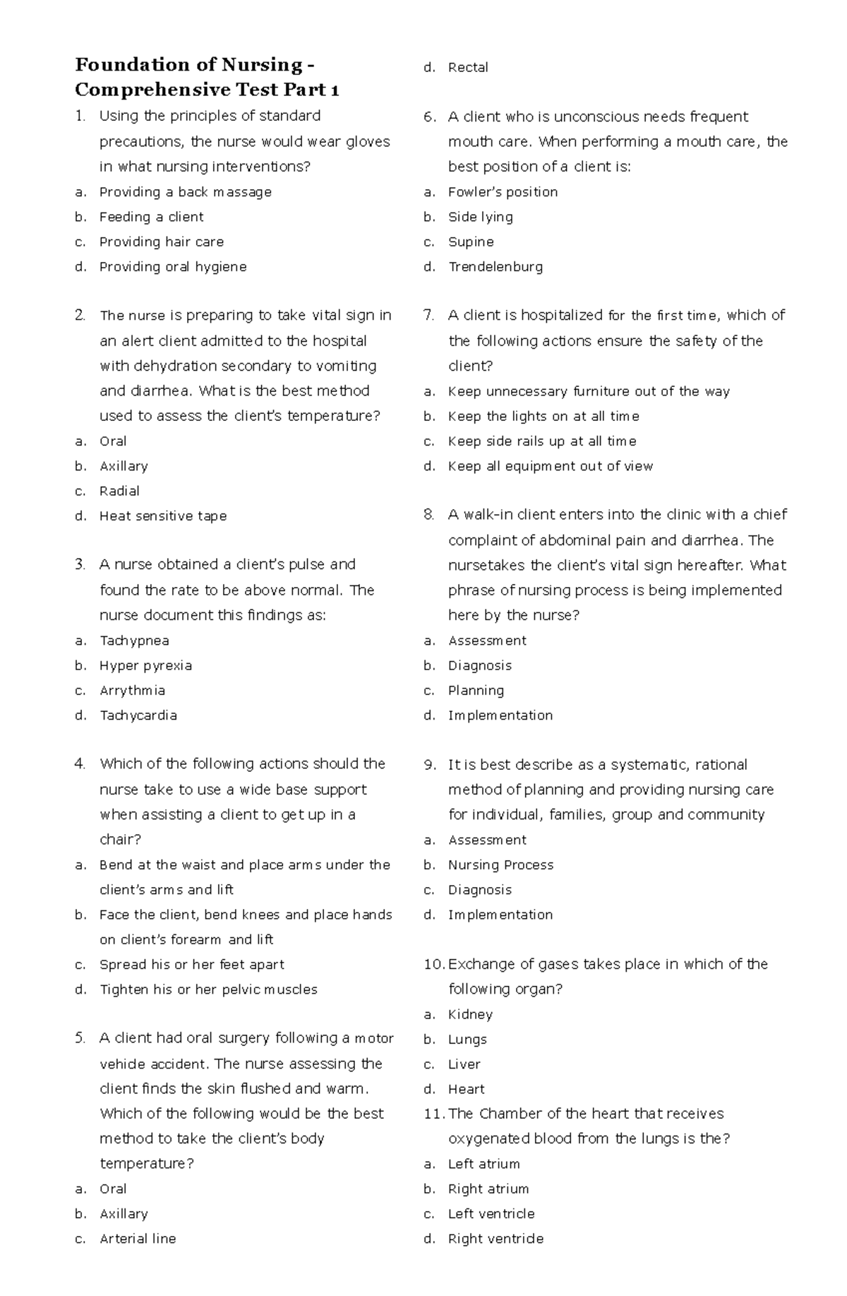 Foundation of Nursing Practice Test: 150 Multiple Choice Items - Studocu