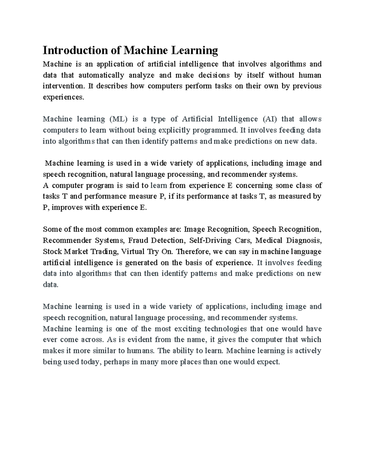 ML introduction - Introduction of Machine Learning Machine is an ...