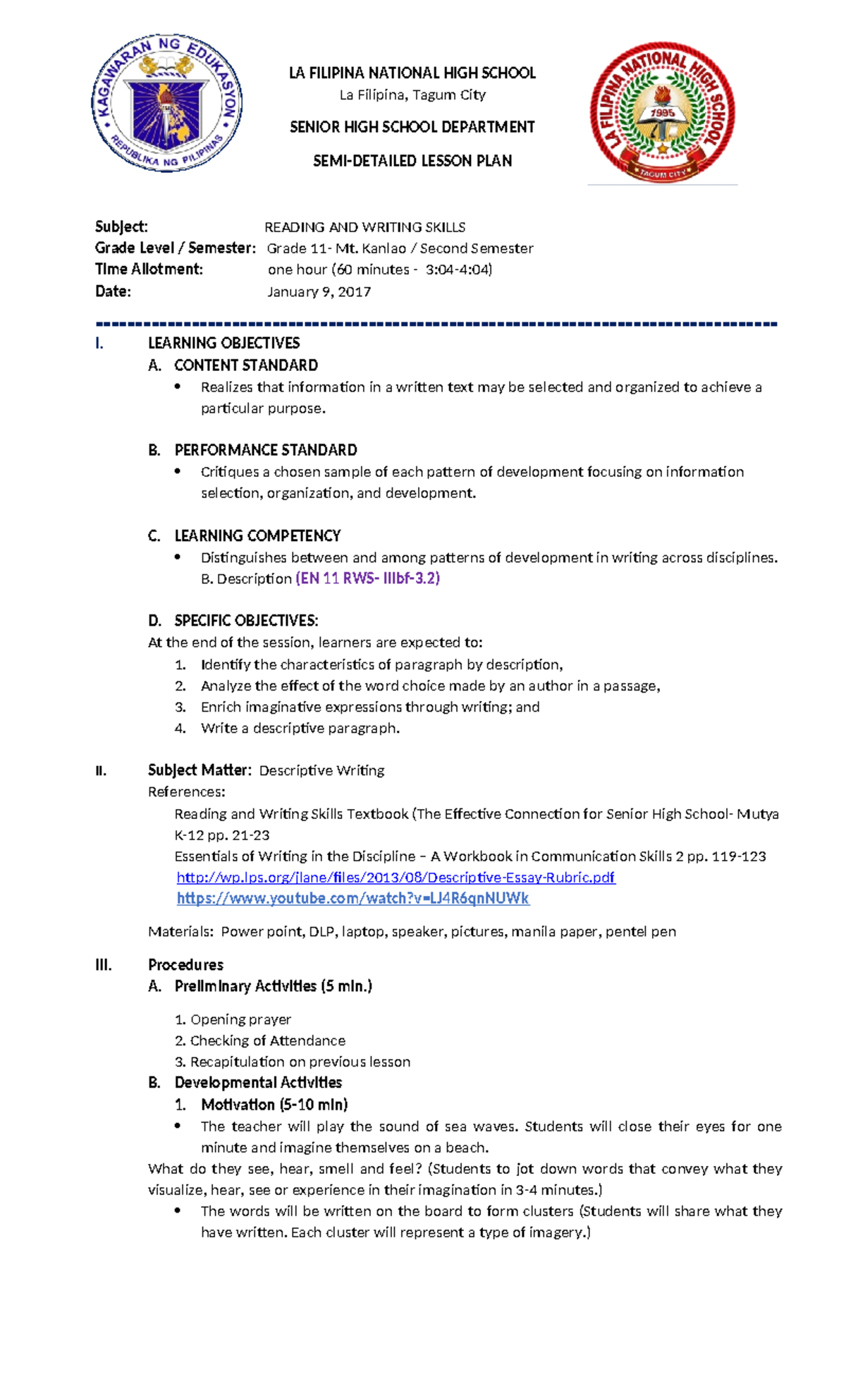 Reading and Writing Lesson PLan - Copy - LA FILIPINA NATIONAL HIGH ...