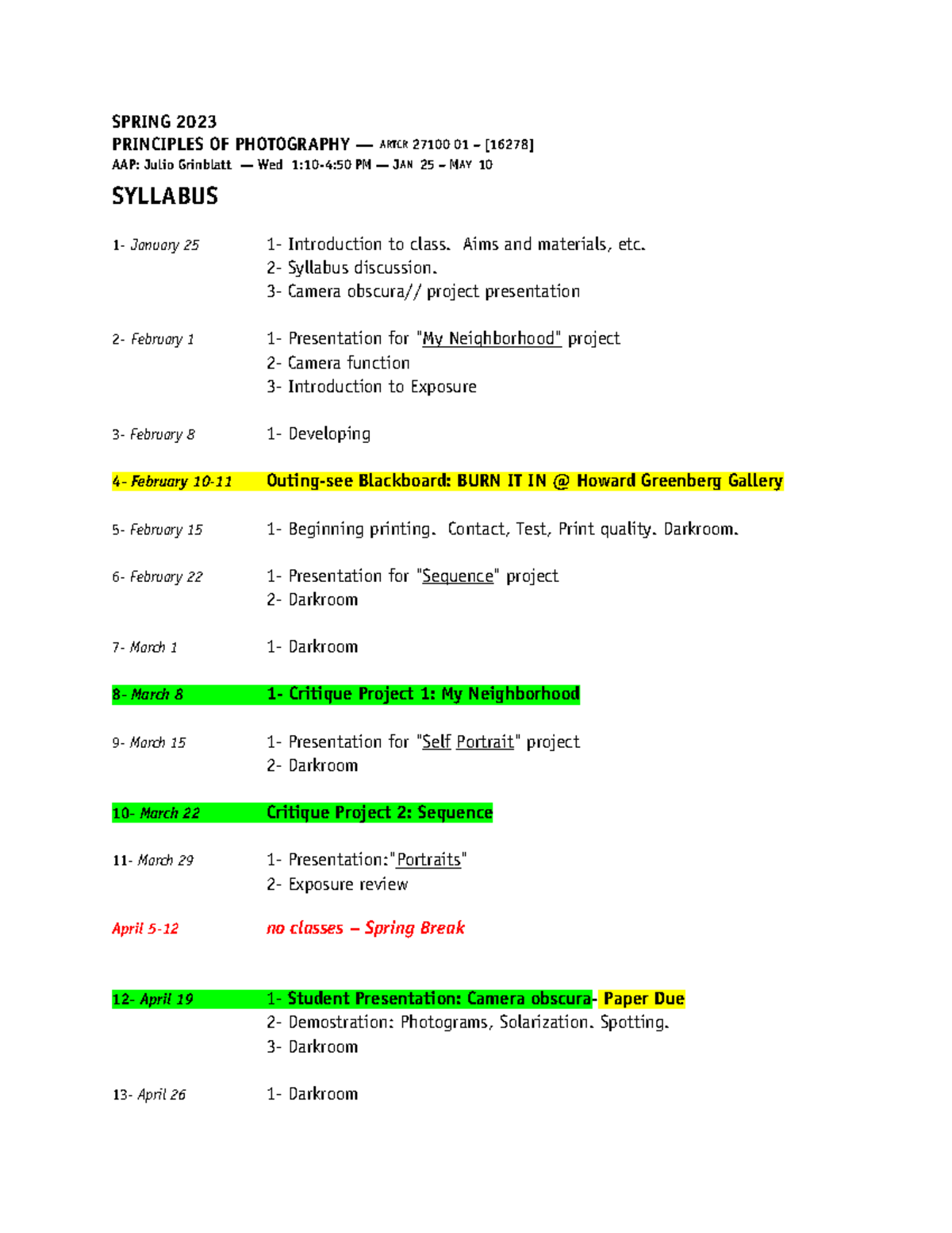Artcr 271 photography syllabus - SPRING 2023 PRINCIPLES OF PHOTOGRAPHY ...