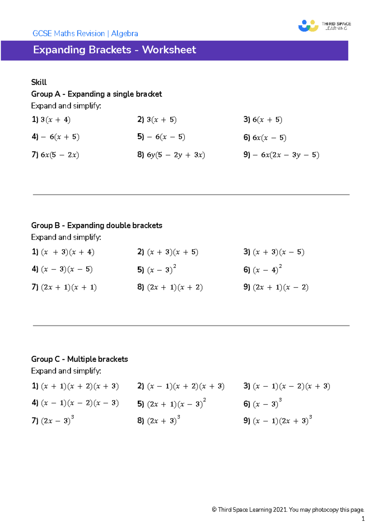 GCSE Maths Revision: Expanding Brackets Worksheet (Skill Groups A-C ...