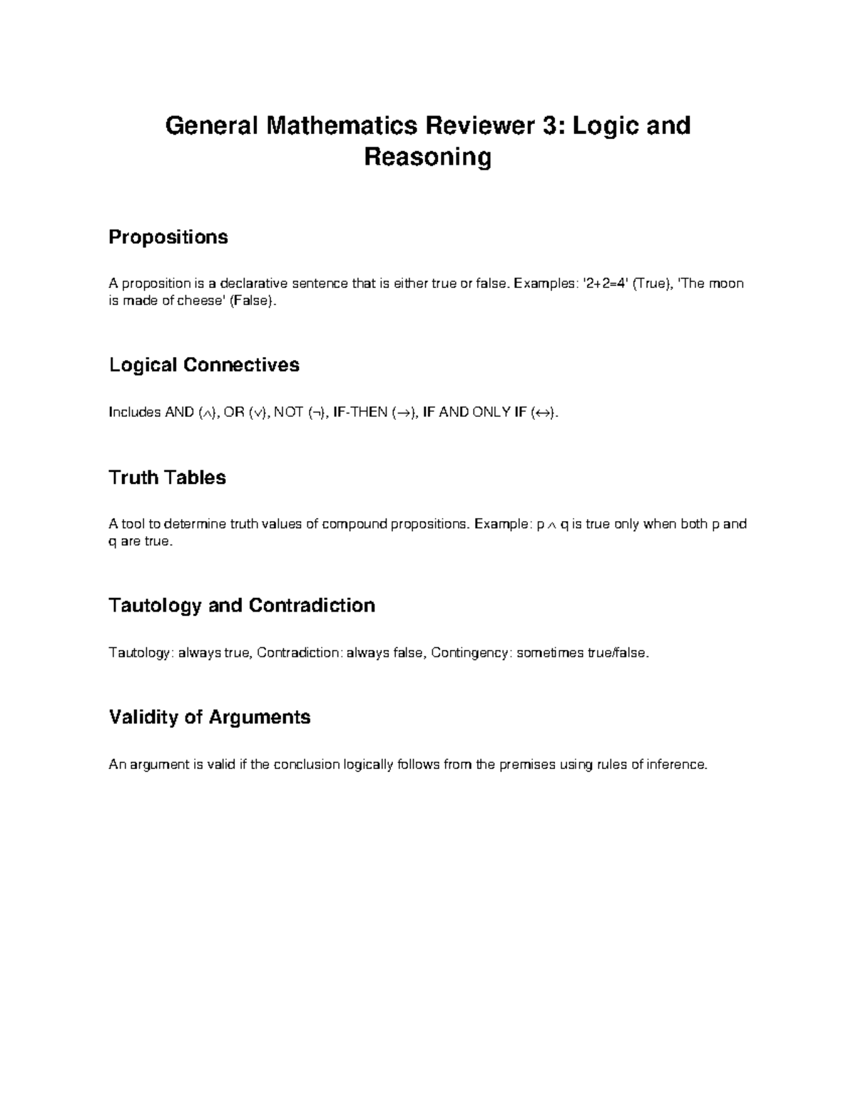 Reviewer 3 Logic - Gen Math - General Mathematics Reviewer 3: Logic and Reasoning Propositions A ...