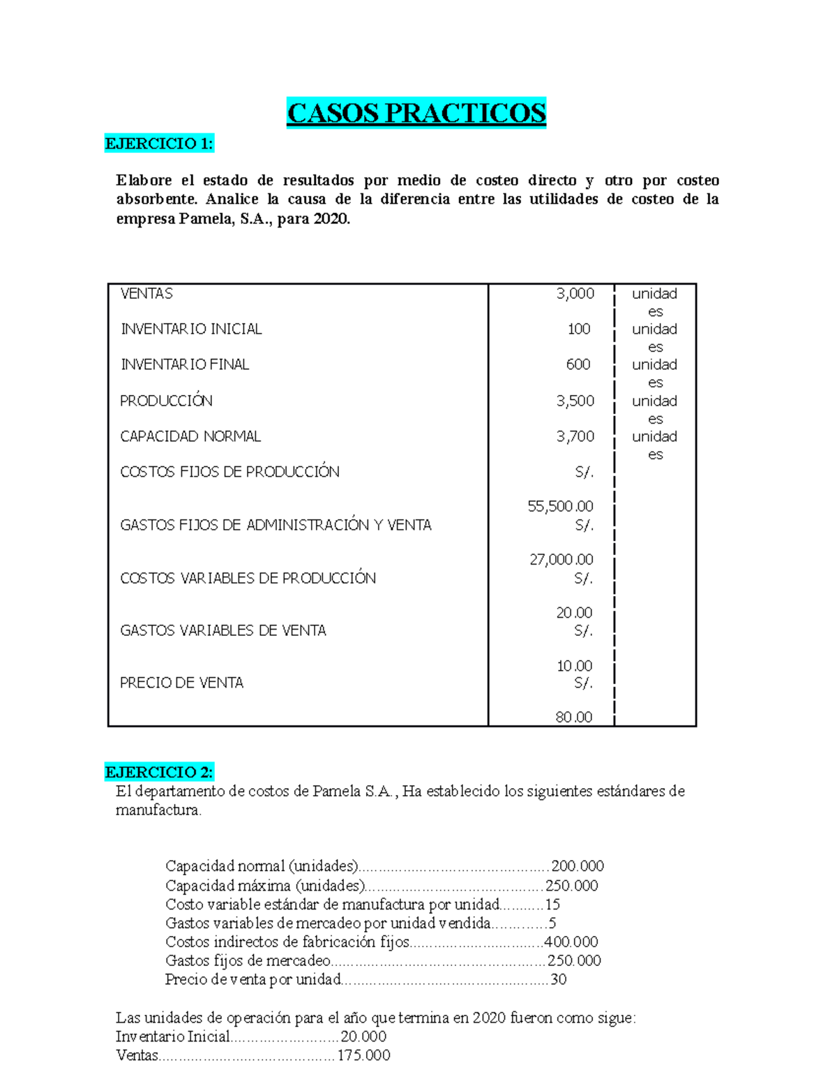 Caso practico de costeo directo y costeo absorbente sesion 16 - CASOS PRACTICOS EJERCICIO 1 ...