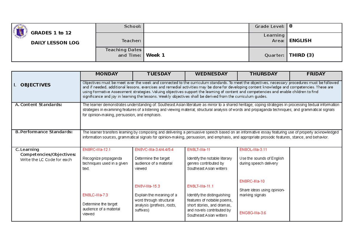 DLL-ENG8-3RDQ-Weekly Lesson Plan for 3rd Quarter - Grade 8 - Studocu