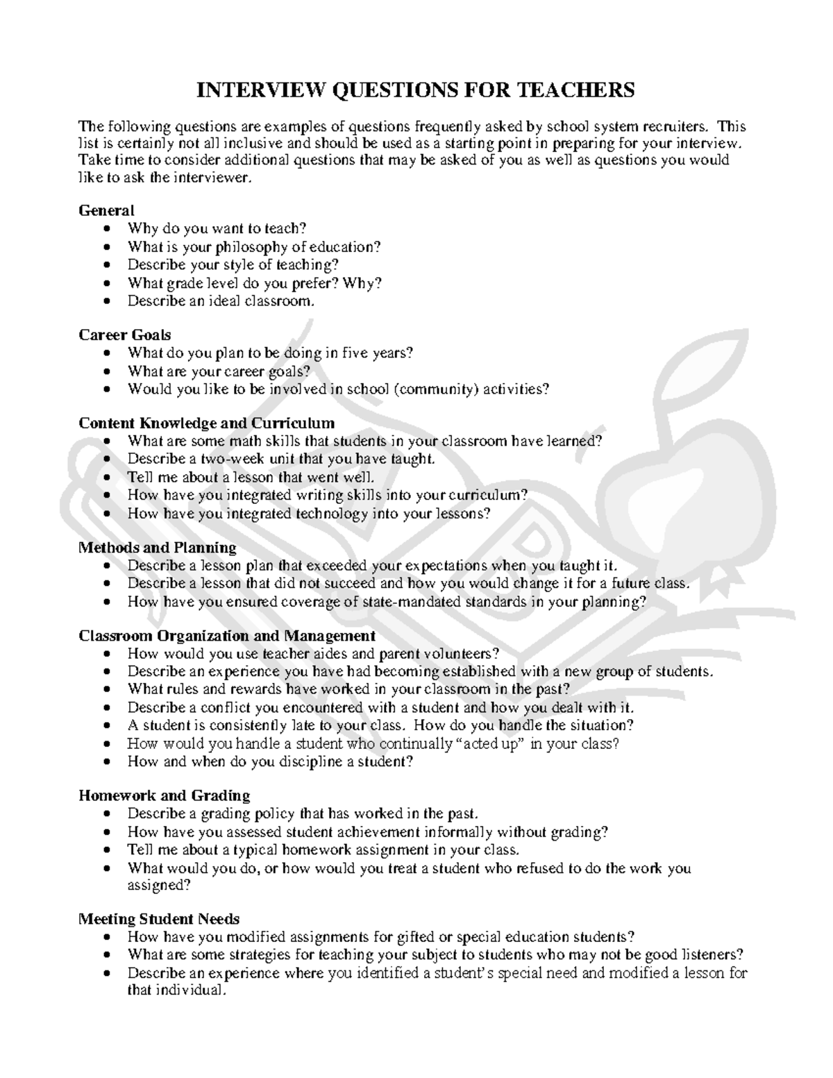 Teacher Candidate Interview Prep Packet: Common Questions & Tips - Studocu
