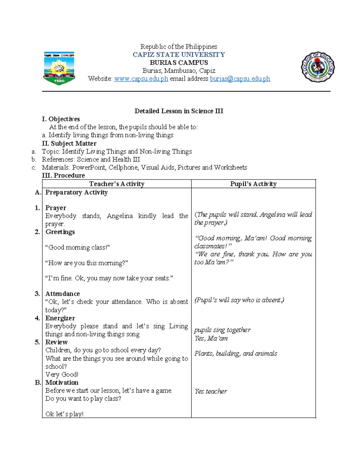 Lesson Plan for Demo Teaching: Science I - Identifying Living Things ...